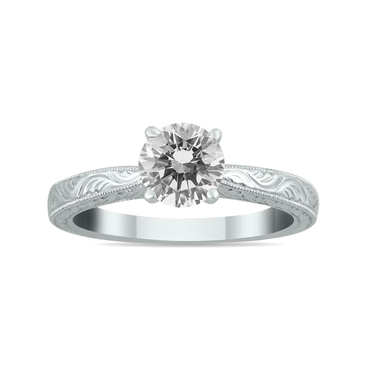 Certified 1 Carat Diamond Solitaire Engraved Ring in 14K White Gold (J ...