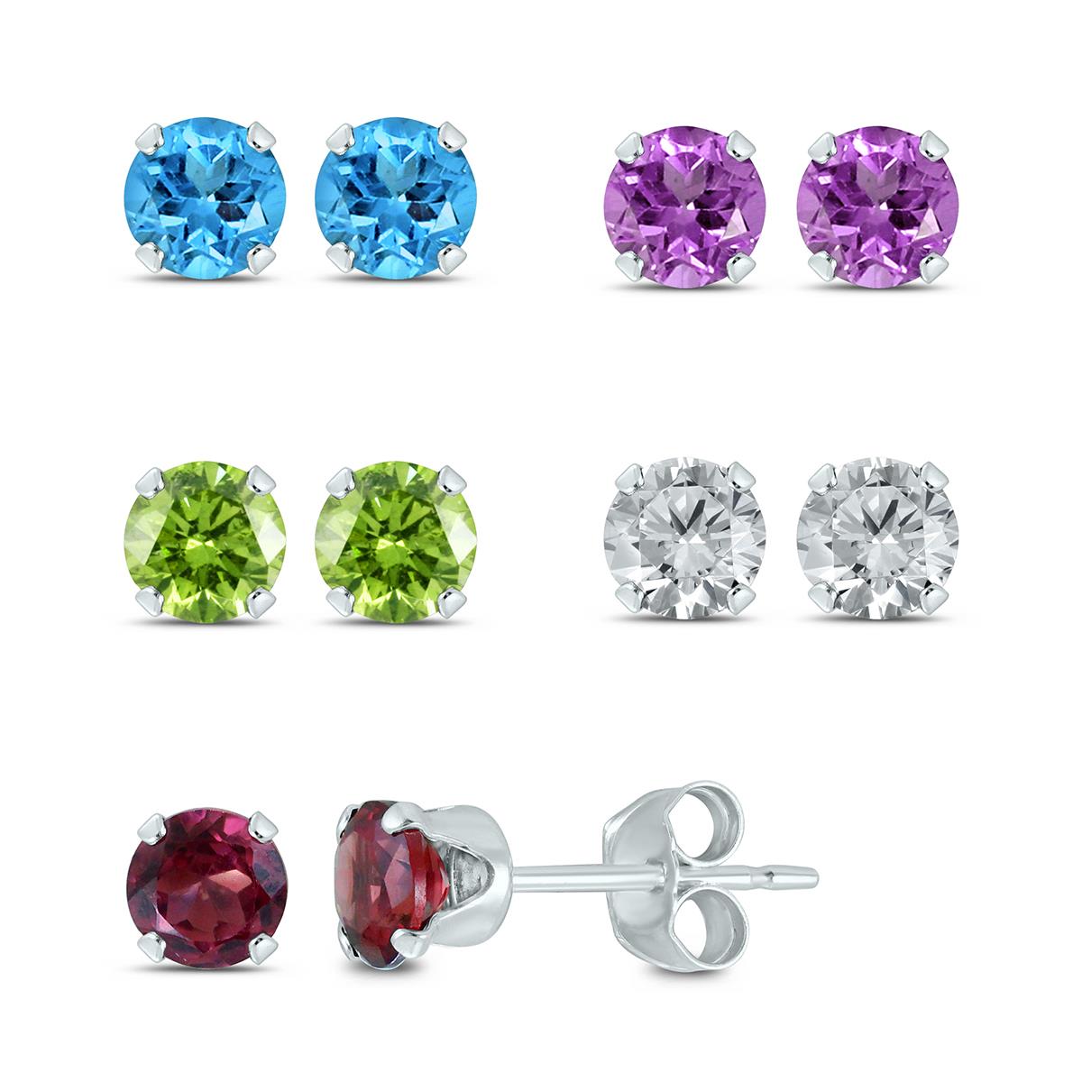 Genuine Semi-Precious Gemstone Studs Earring 5 Pair Gift Set in .925 ...