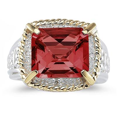 Emerald Cut Garnet and Diamond Ring in 14K Yellow Gold and Silver ...