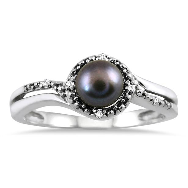 6mm All Natural Freshwater Black Cultured Pearl and Diamond Ring in ...