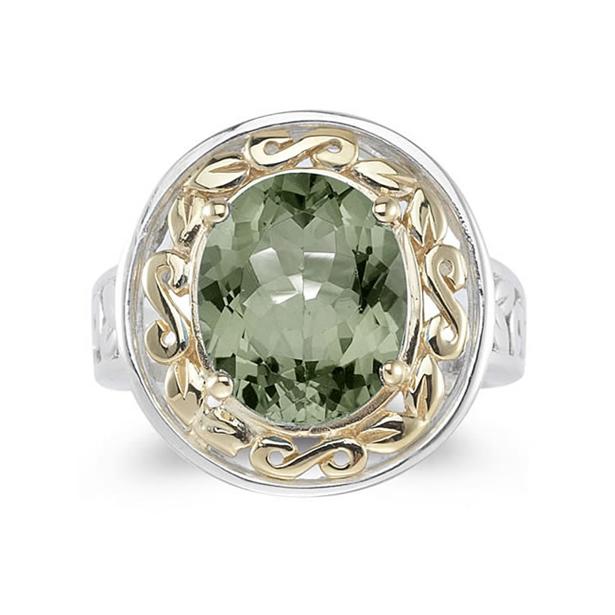 4.45ct.Oval Shape Green Amethyst Ring in 14k Yellow Gold and Silver ...